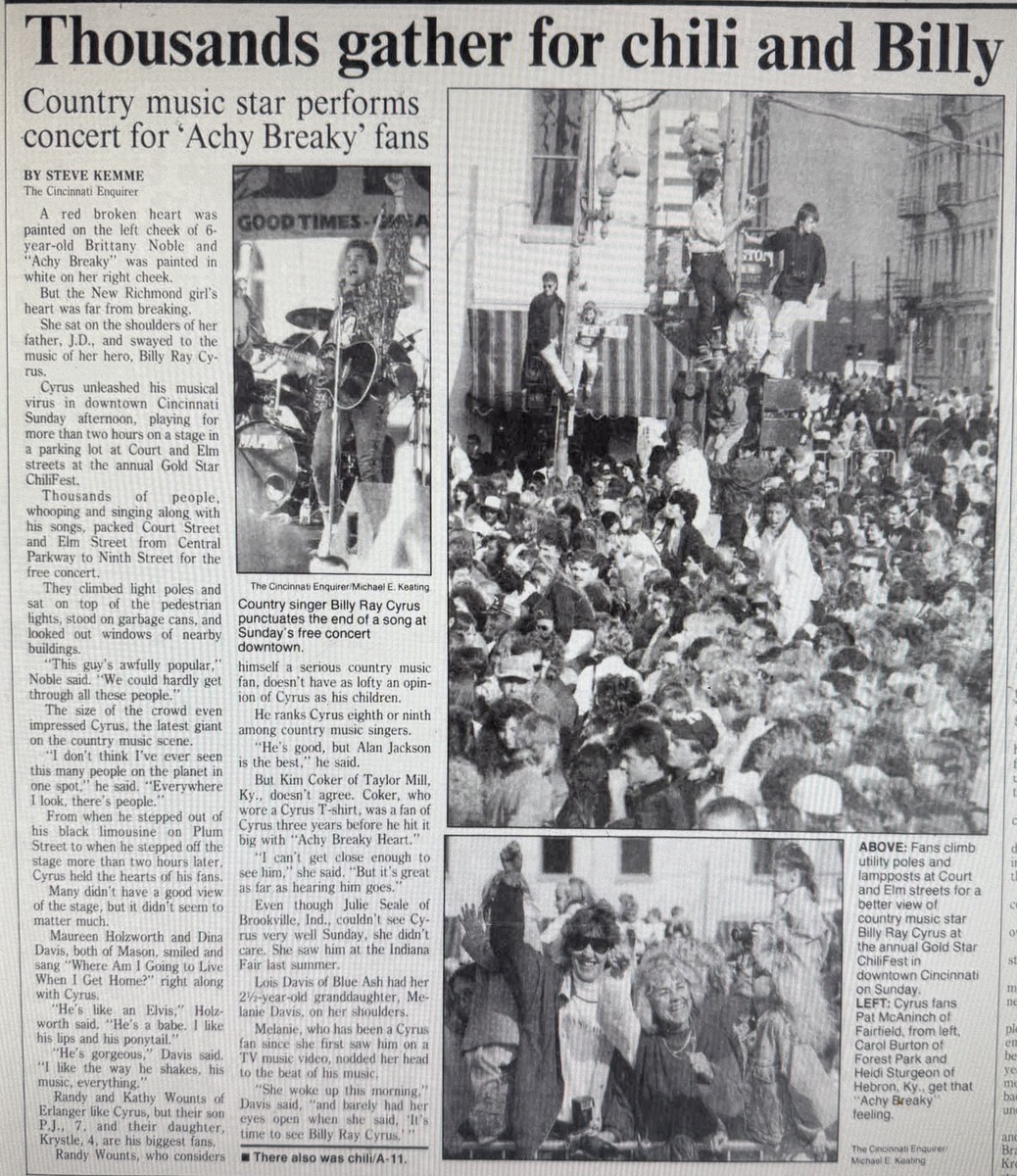 Oct 11, 1992: Billy Ray Cyrus at Downtown Cincinnati Cincinnati, Ohio ...