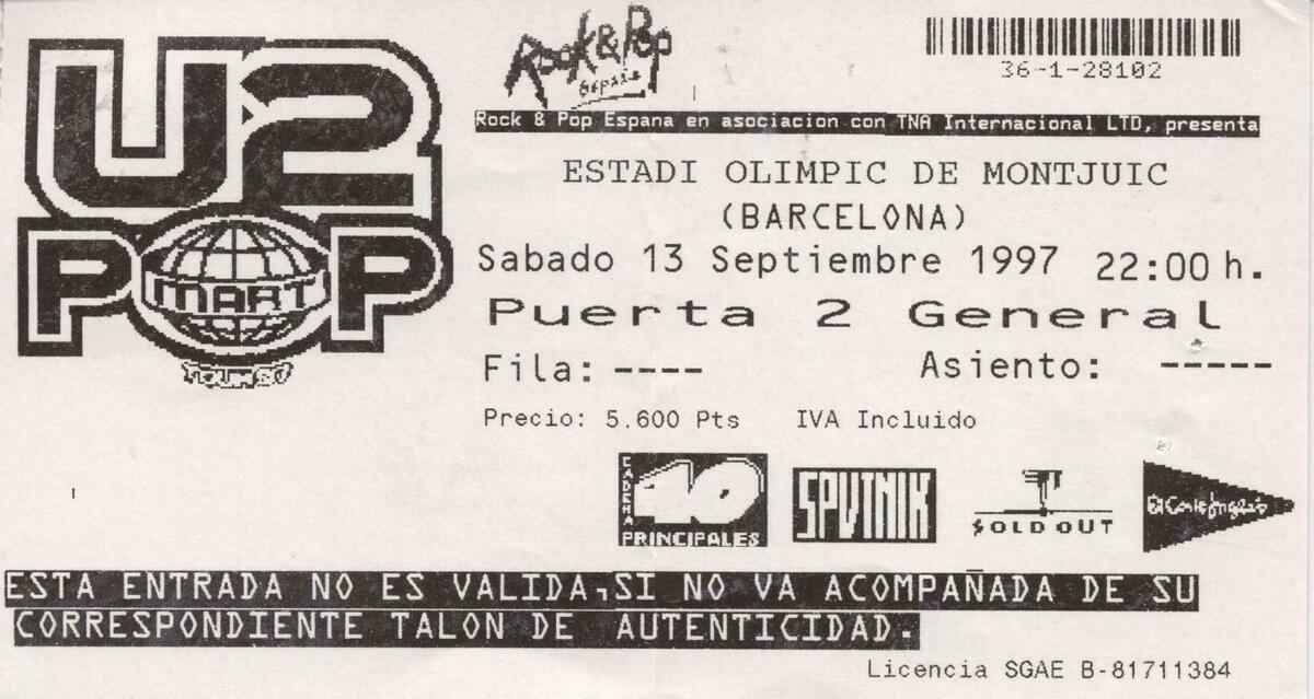Sep 13, 1997: U2 at Estadi Olímpic de Montjuïc Barcelona, Catalonia ...
