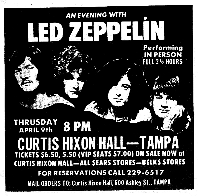 Apr 09, 1970: Led Zeppelin at Curtis Hixon Hall Tampa, Florida, United ...