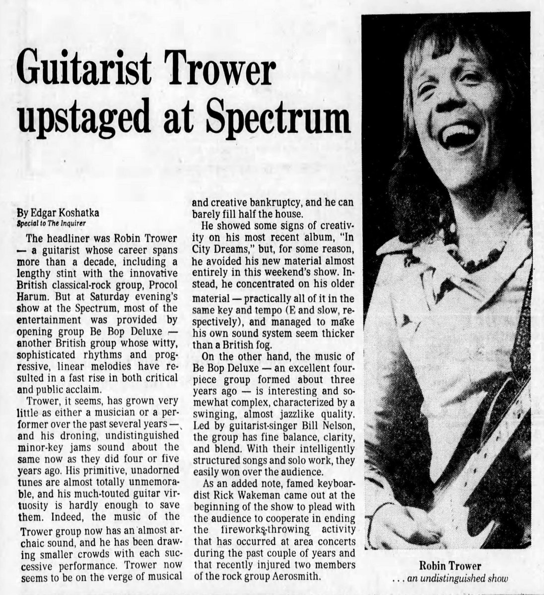 Oct 15, 1977: Robin Trower / Be Bop Deluxe / Crawl at The Spectrum ...