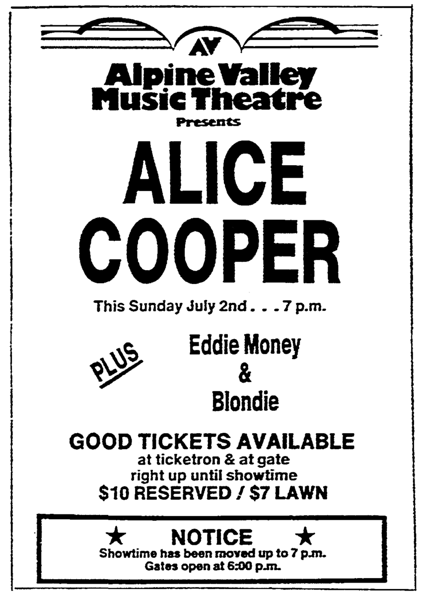 Jun 02, 1978: Alice Cooper / Eddie Money / Blondie at Alpine Valley ...
