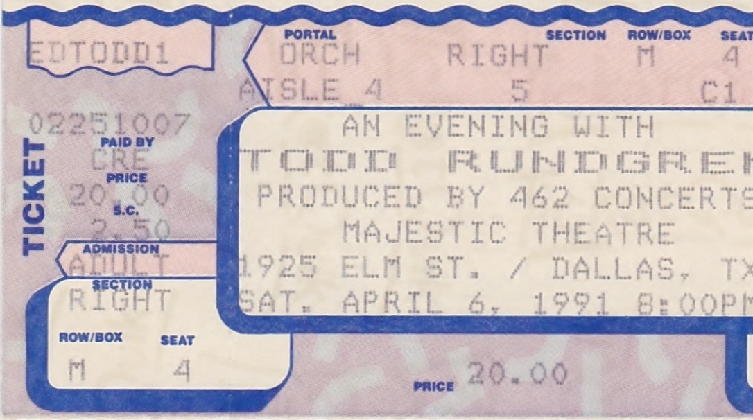 Apr 06, 1991: Todd Rundgren at Majestic Theatre Dallas, Texas, United ...