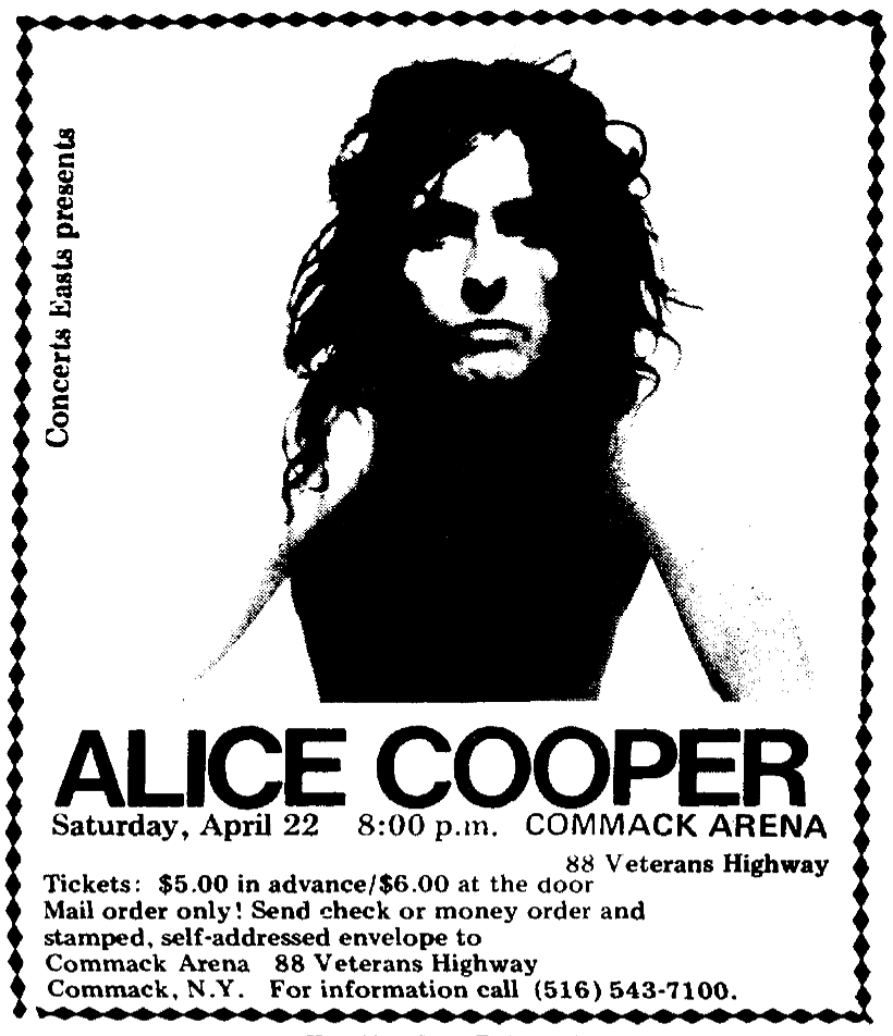 Apr 22, 1972: Alice Cooper at Commack Arena Commack, New York, United ...