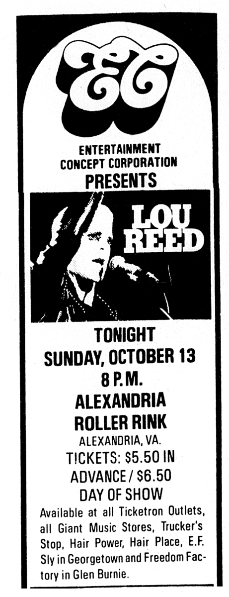 Oct 13, 1974: Lou Reed at Alexandria Roller Rink Alexandria, Virginia ...
