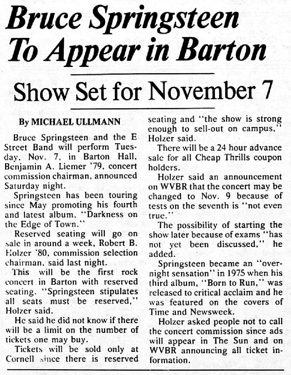 Nov 07, 1978: Bruce Springsteen & The E Street Band at Barton Hall ...
