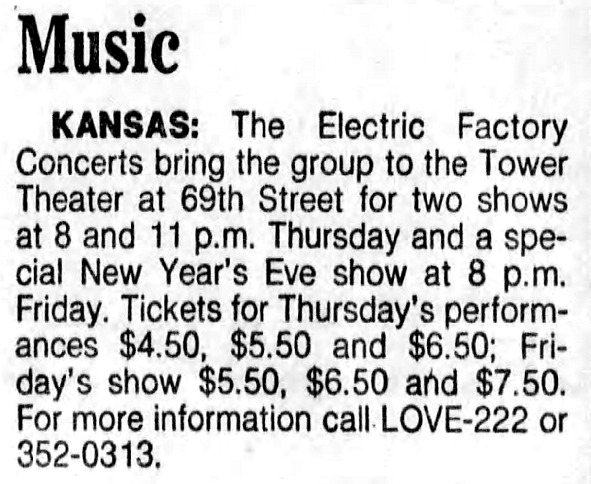 Dec 30, 1976: Kansas at Tower Theater Upper Darby, Pennsylvania, United ...