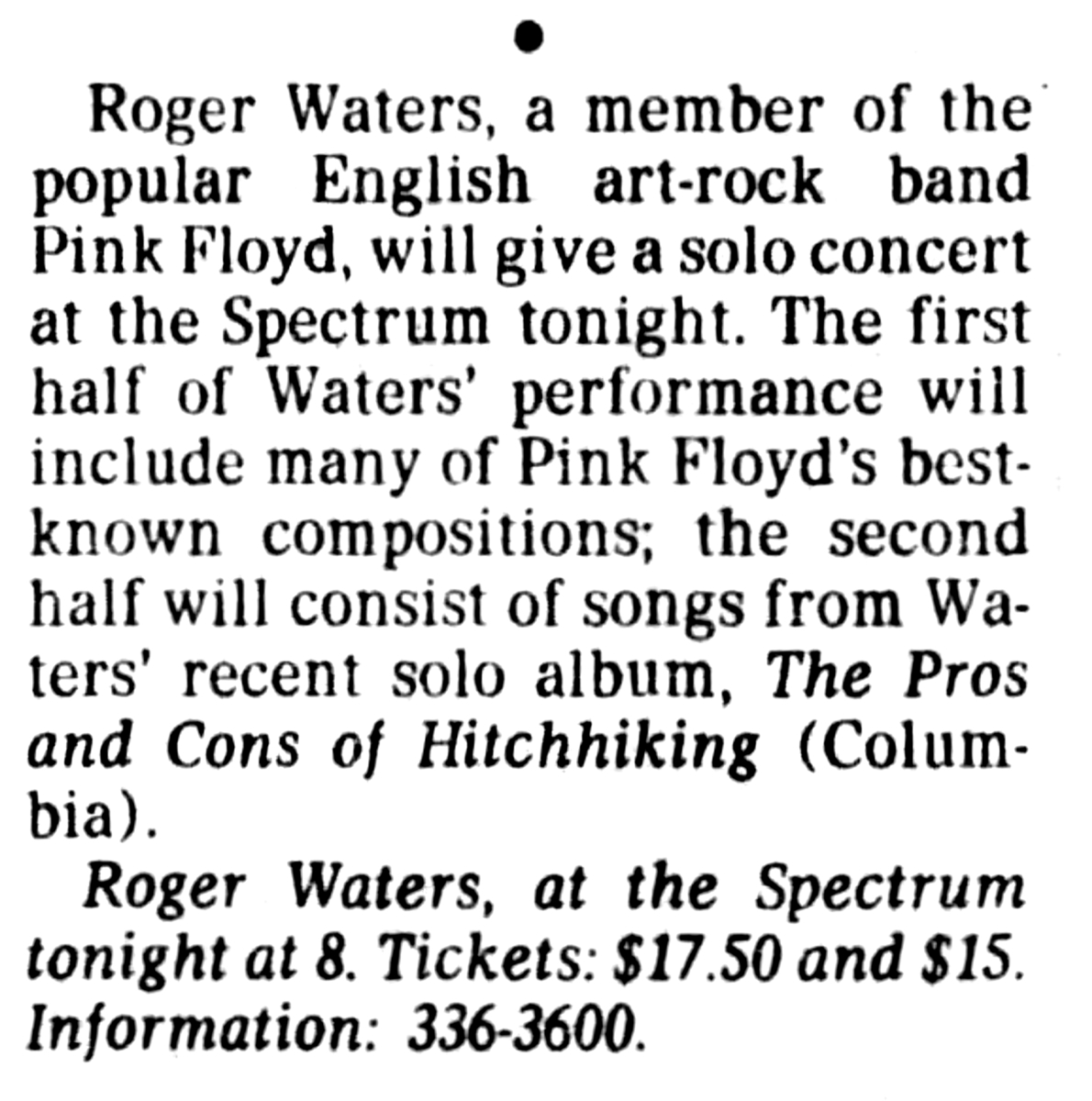 Mar 29, 1985: Roger Waters at The Spectrum Philadelphia, Pennsylvania ...
