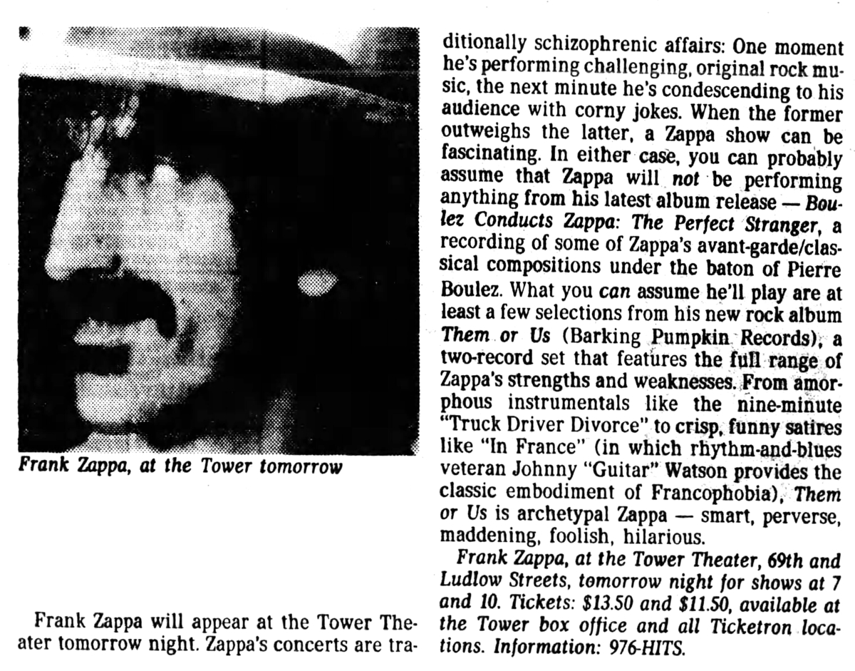 Nov 10, 1984: Frank Zappa at Tower Theater Upper Darby, Pennsylvania ...