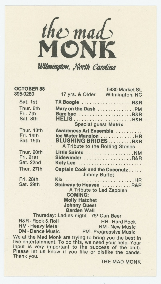 Concert History of The Mad Monk Wilmington, North Carolina, United ...