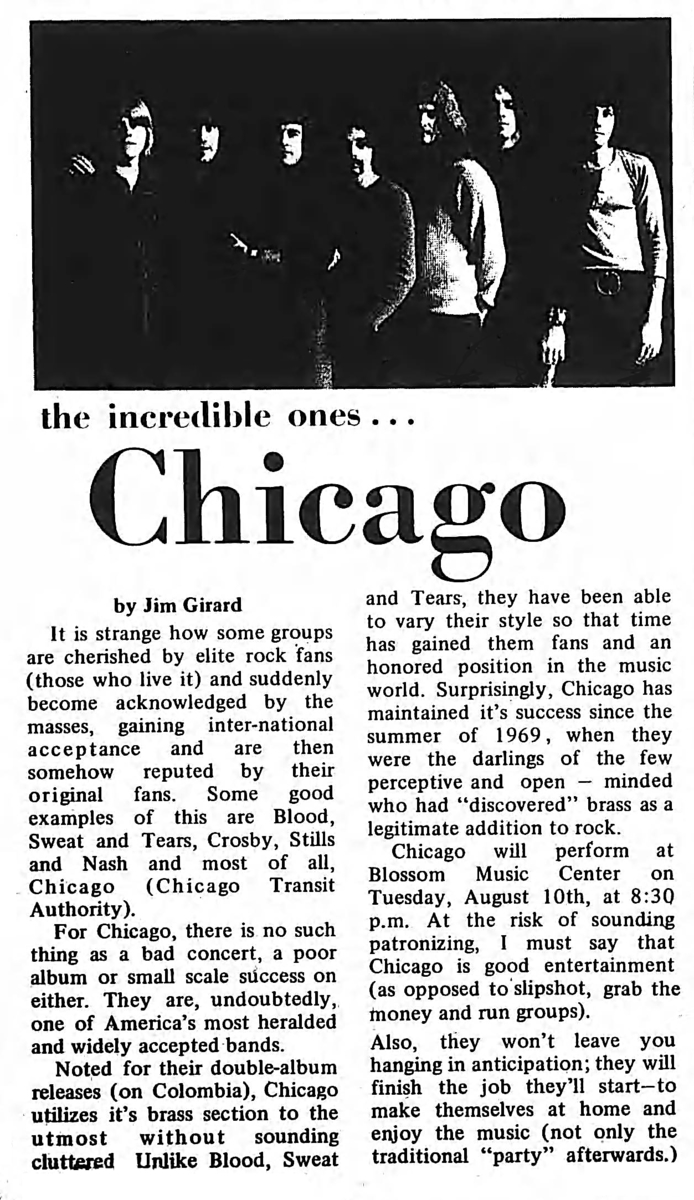 Aug 10, 1971: Chicago at Blossom Music Center Cuyahoga Falls, Ohio ...