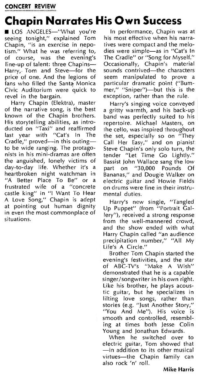Nov 08, 1975: Harry Chapin / tom chapin / Steve Chapin at Santa Monica ...