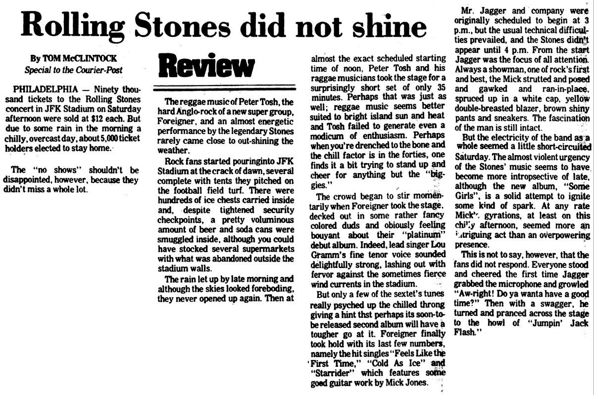 Jun 17, 1978: The Rolling Stones / Peter Tosh / Foreigner at John F. Kennedy Stadium ...