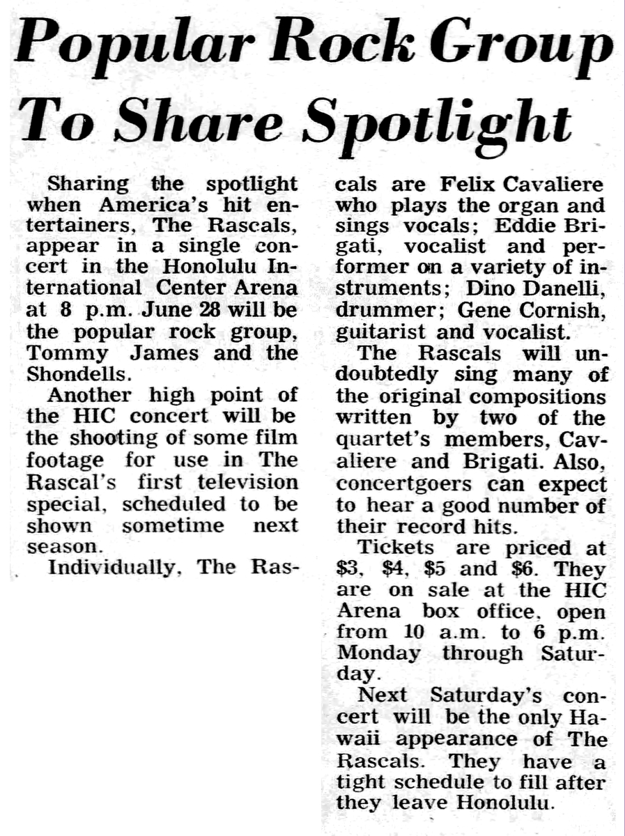 Jun 28, 1969: The Rascals at Honolulu International Center Honolulu ...