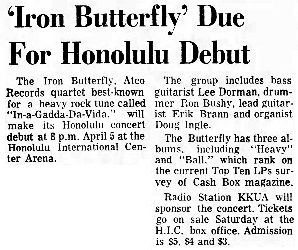 Nov 29, 1969: iron butterfly at Honolulu International Center Honolulu ...