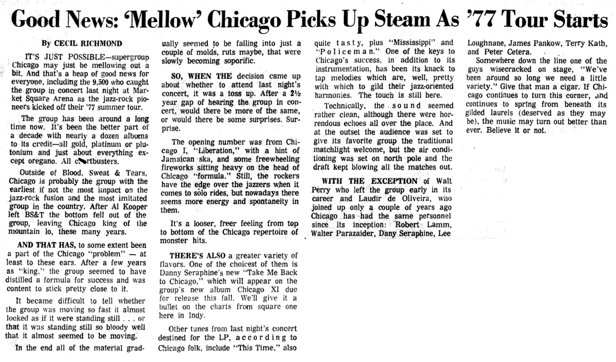 Chicago's 1977 Concert & Tour History | Concert Archives