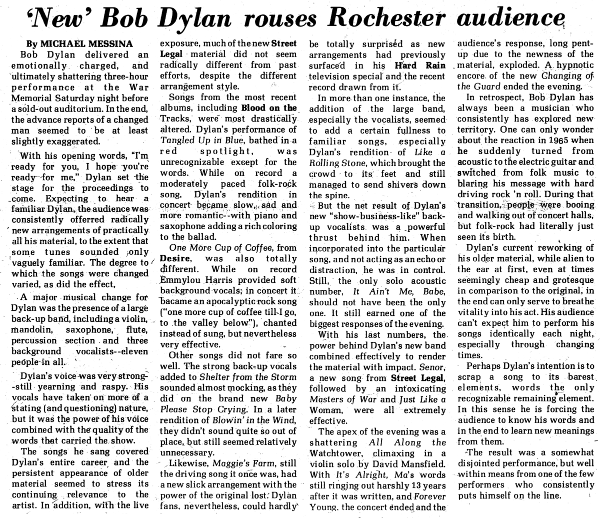 Sep 23, 1978: Bob Dylan at Rochester Community War Memorial Rochester ...