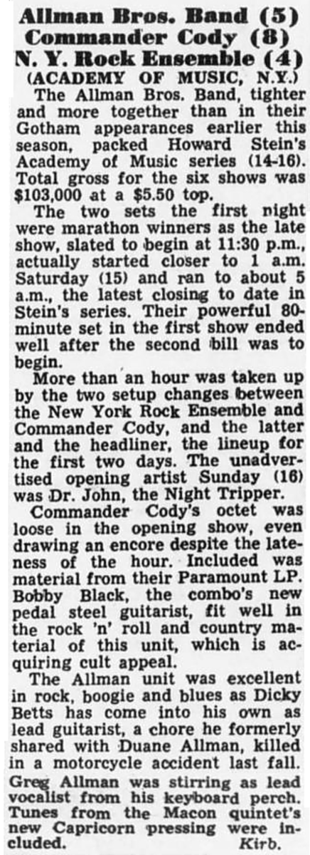 Apr 14, 1972: Allman Brothers Band / Commander Cody / New York Rock n ...