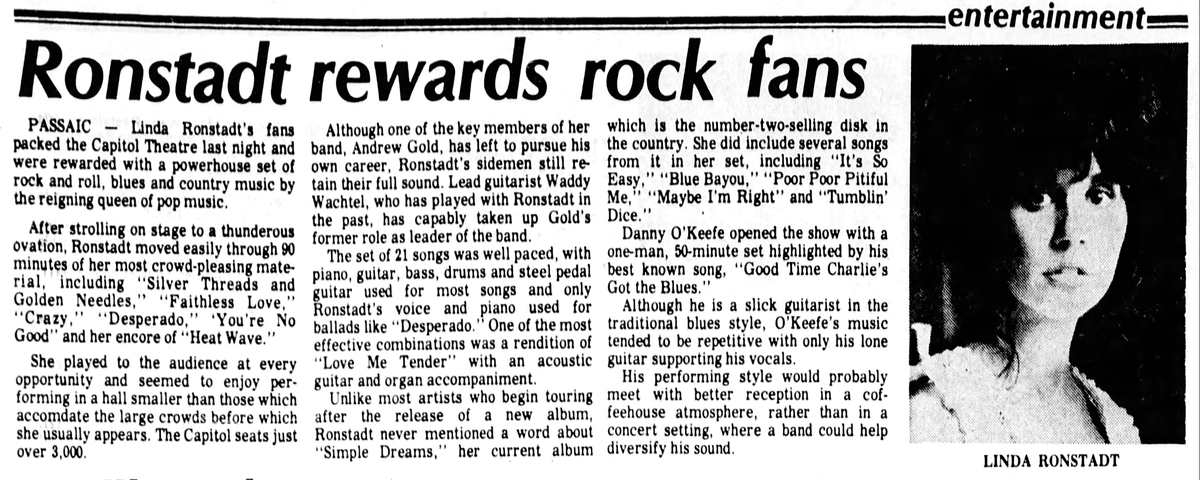 Oct 26, 1977: Linda Ronstadt / Danny O'Keefe at Capitol Theatre Passaic ...
