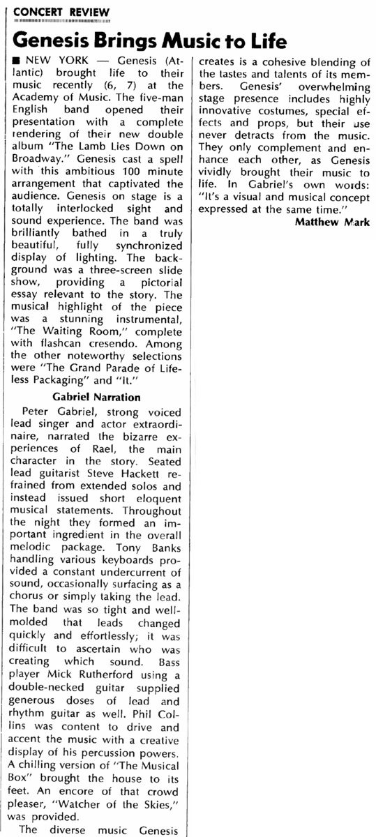Dec 06, 1974: Genesis at Academy Of Music New York, New York, United ...