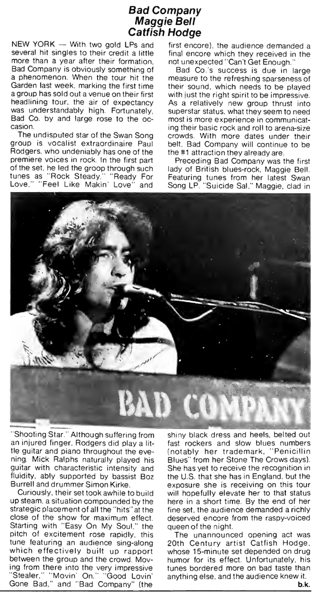 May 30, 1975: Bad Company / Maggie Bell / Catfish Hodge at Madison ...