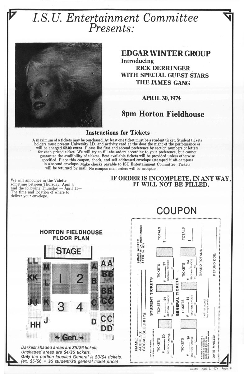 Apr 30, 1974: Edgar Winter / Rick Derringer / James Gang at Horton Field House, Illinois State ...