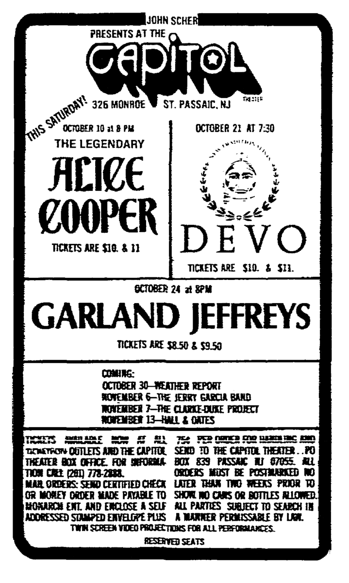 Oct 10, 1981: Alice Cooper / Elektrics at Capitol Theatre Passaic, New ...