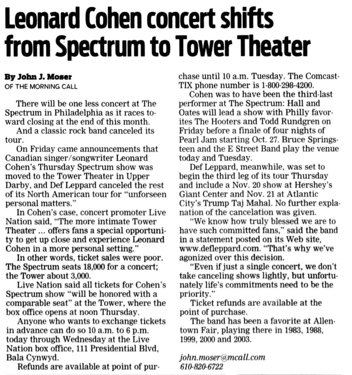 Leonard Cohen's 2009 Concert & Tour History | Concert Archives