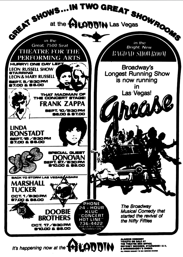 1977 Concert History of Aladdin Theatre Las Vegas, Nevada, United ...