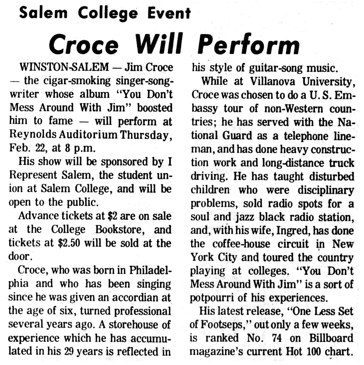 Jim Croce Concert & Tour History | Concert Archives