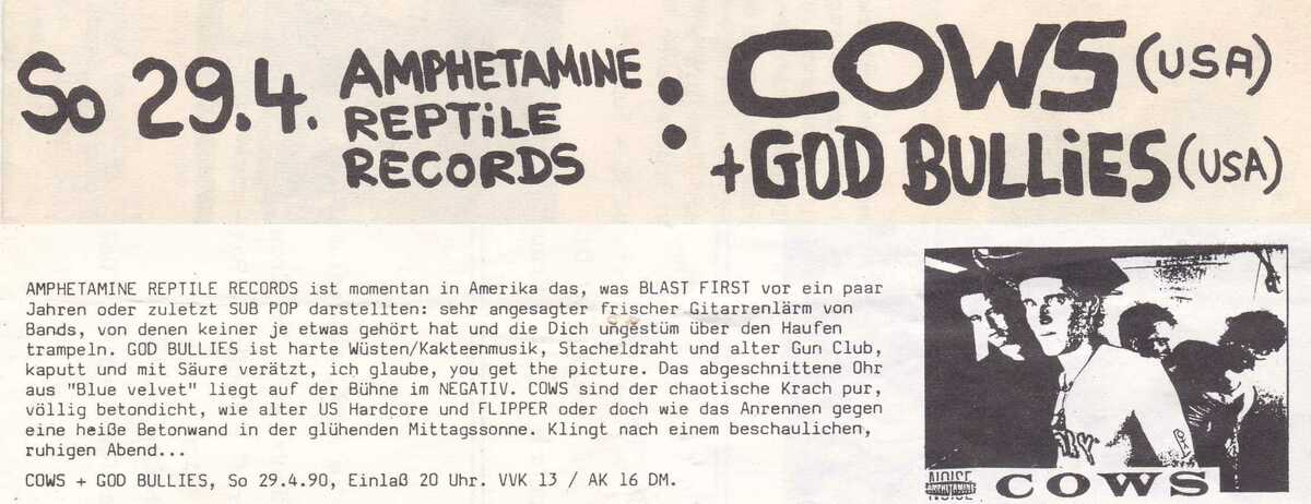 Apr 29, 1990: Cows / god bullies at Negativ Frankfurt am Main, Hesse ...