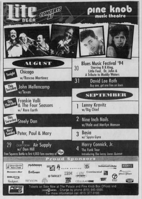 Sep 01, 1994: Lenny Kravitz / Big Chief at Pine Knob Music Theatre ...