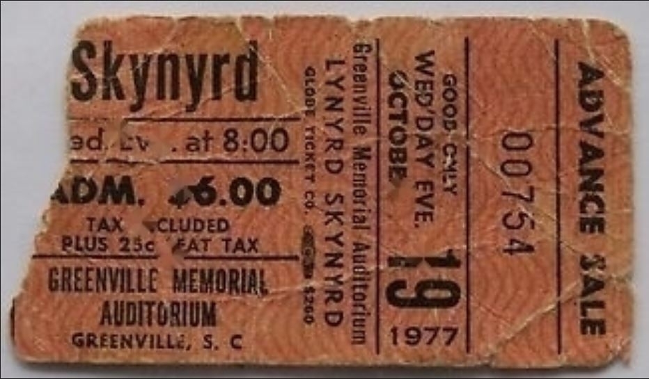Oct 19, 1977: Lynyrd Skynyrd at Greenville Memorial Auditorium ...