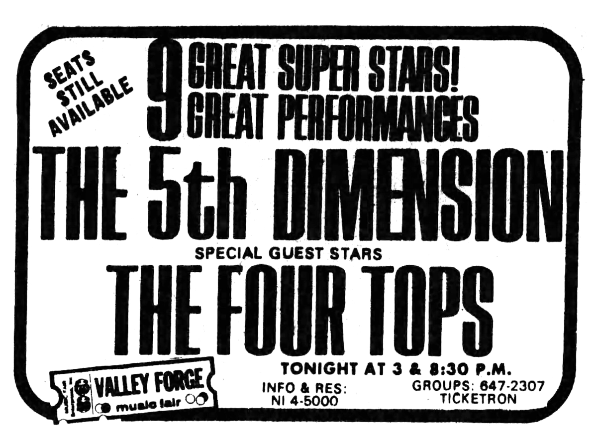 Apr 29, 1974: the 5th dimension / The Four Tops at Valley Forge Music ...