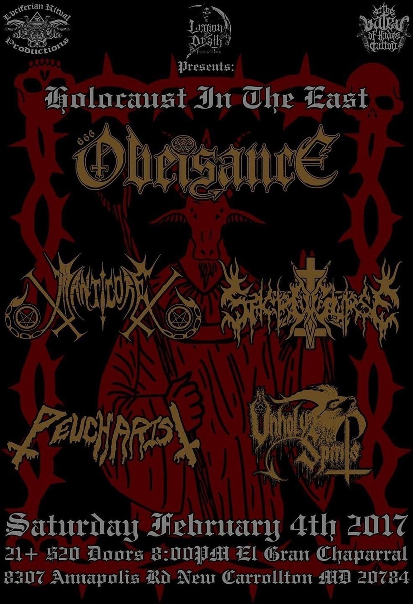 Feb 04, 2017: Obeisance / Manticore / Sacrocurse / Peucharist / Unholy ...