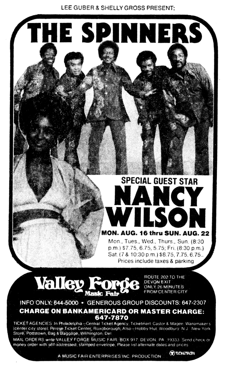 Aug 16, 1976: The Spinners / nancy wilson at Valley Forge Music Fair Devon, Pennsylvania, United ...