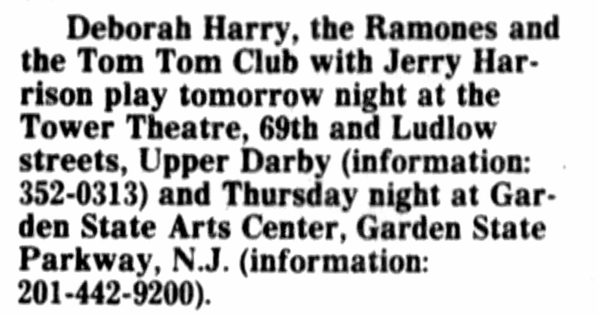 Jul 09, 1990: Deborah Harry / Ramones / Tom Tom Club at Tower Theater ...