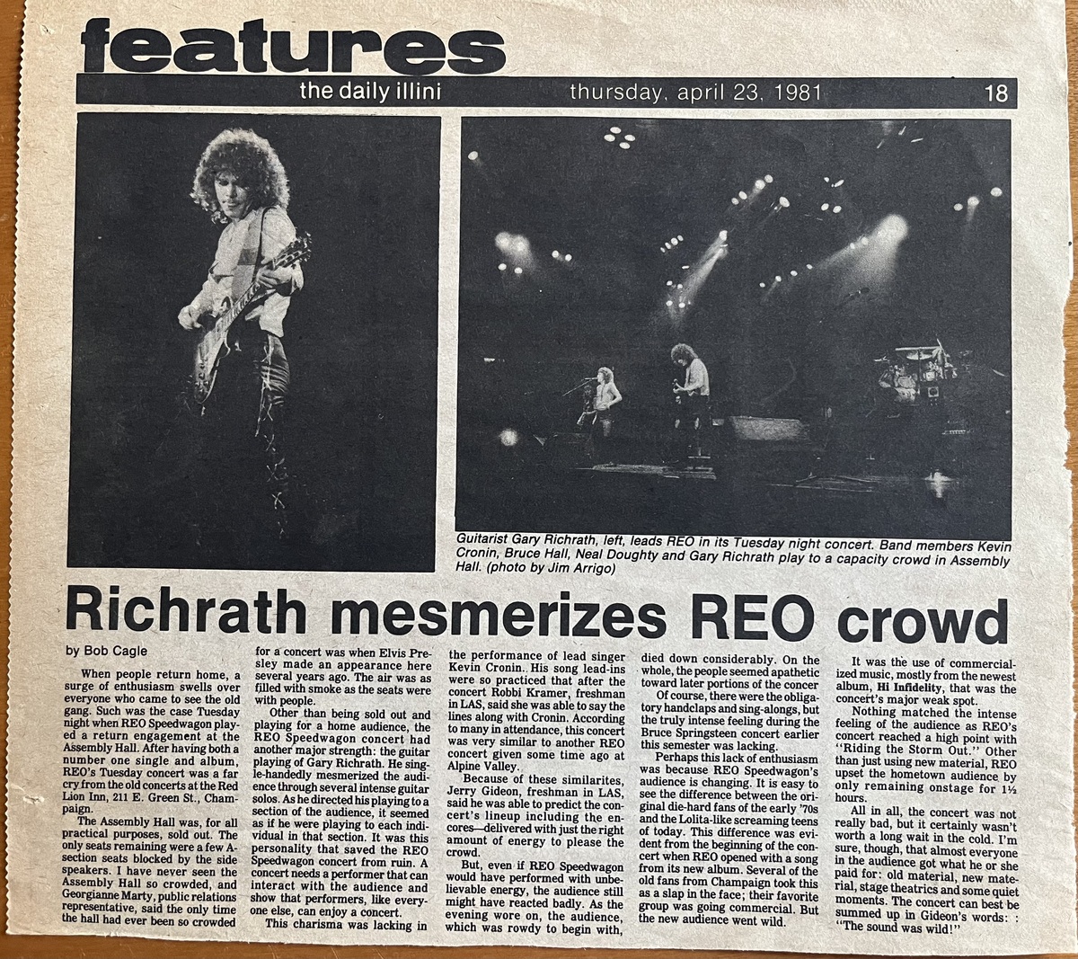 Apr 21, 1981: REO Speedwagon at Assembly Hall Champaign, Illinois ...