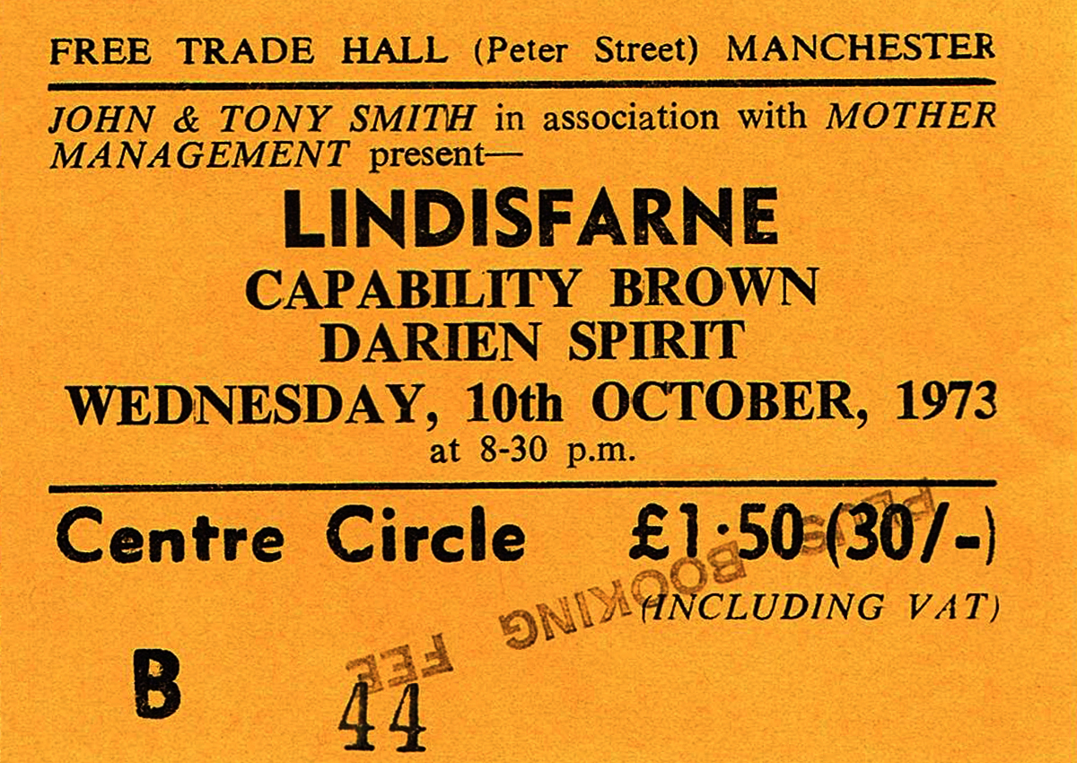 Oct 10, 1973: Lindisfarne / Capability Brown / Darien Spirit at Manchester Free Trade Hall ...